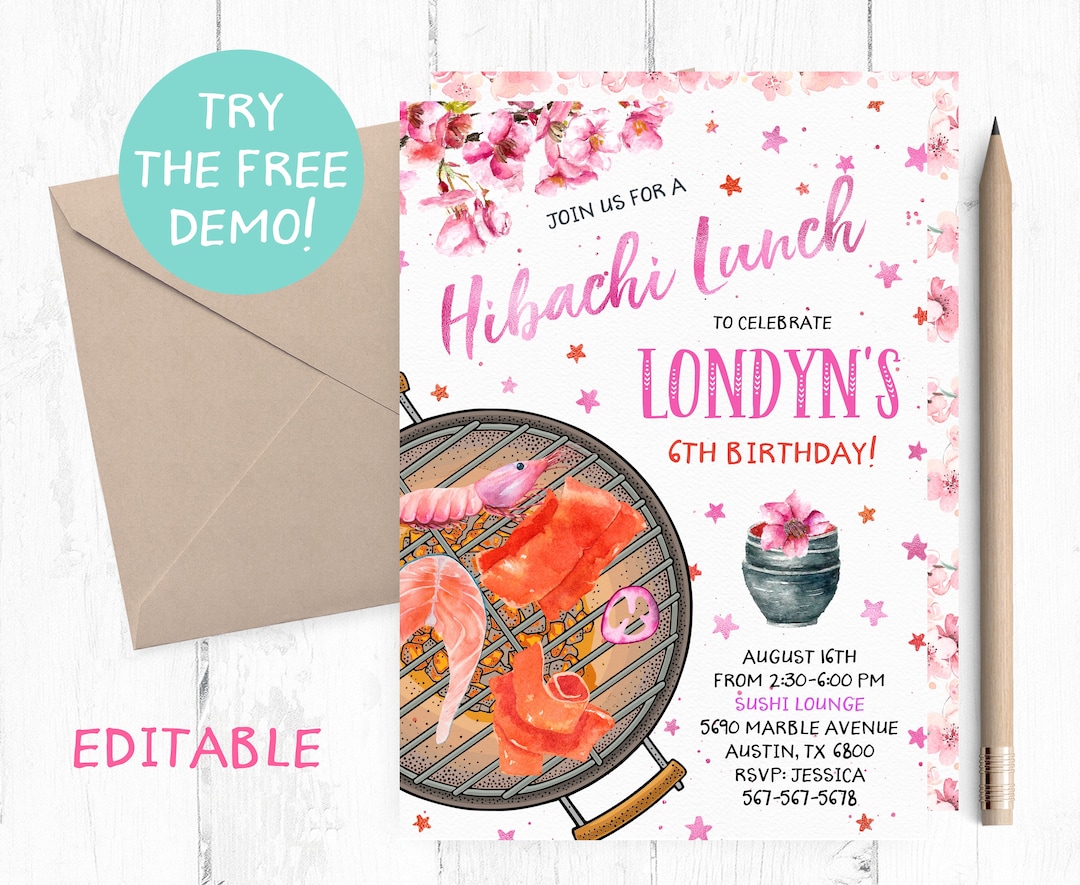 Hibachi Lunch Invitation, Hibachi Birthday Party Invitations, Hibachi ...