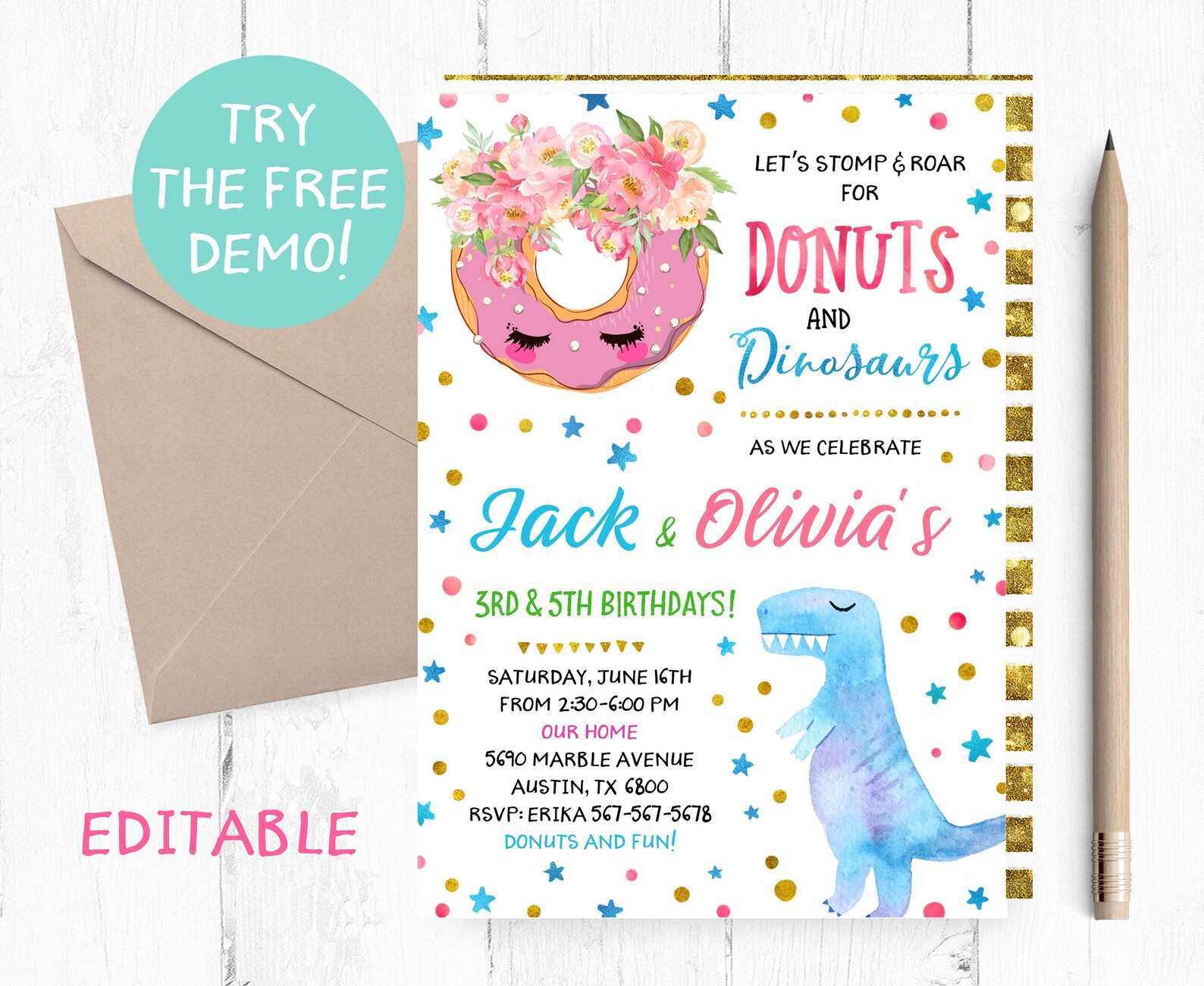 Joint Donuts and Dinosaurs Birthday Invitation Siblings - Etsy