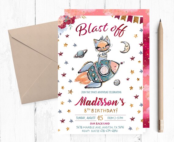 Girl Space Invitation Outer Space Invitations Girl Rocket | Etsy