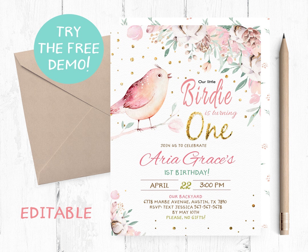 Editable Birdie First Birthday Invitation, Floral Birds Template (5x7 ...