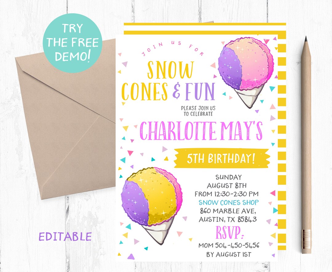 Editable Snow Cone Birthday Invitation, Snow Cone Editable Template ...