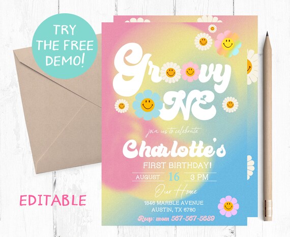 Editable Groovy One Invitation Retro First Birthday - Etsy Editable Groovy One Invitation Retro First Birthday - Etsy
