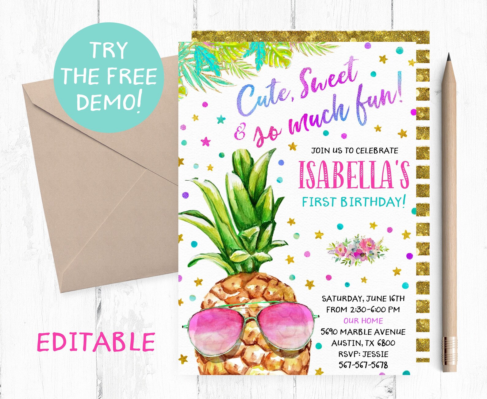 Editable Pineapple Birthday Invitation, Cute Sweet and so Much Fun ...