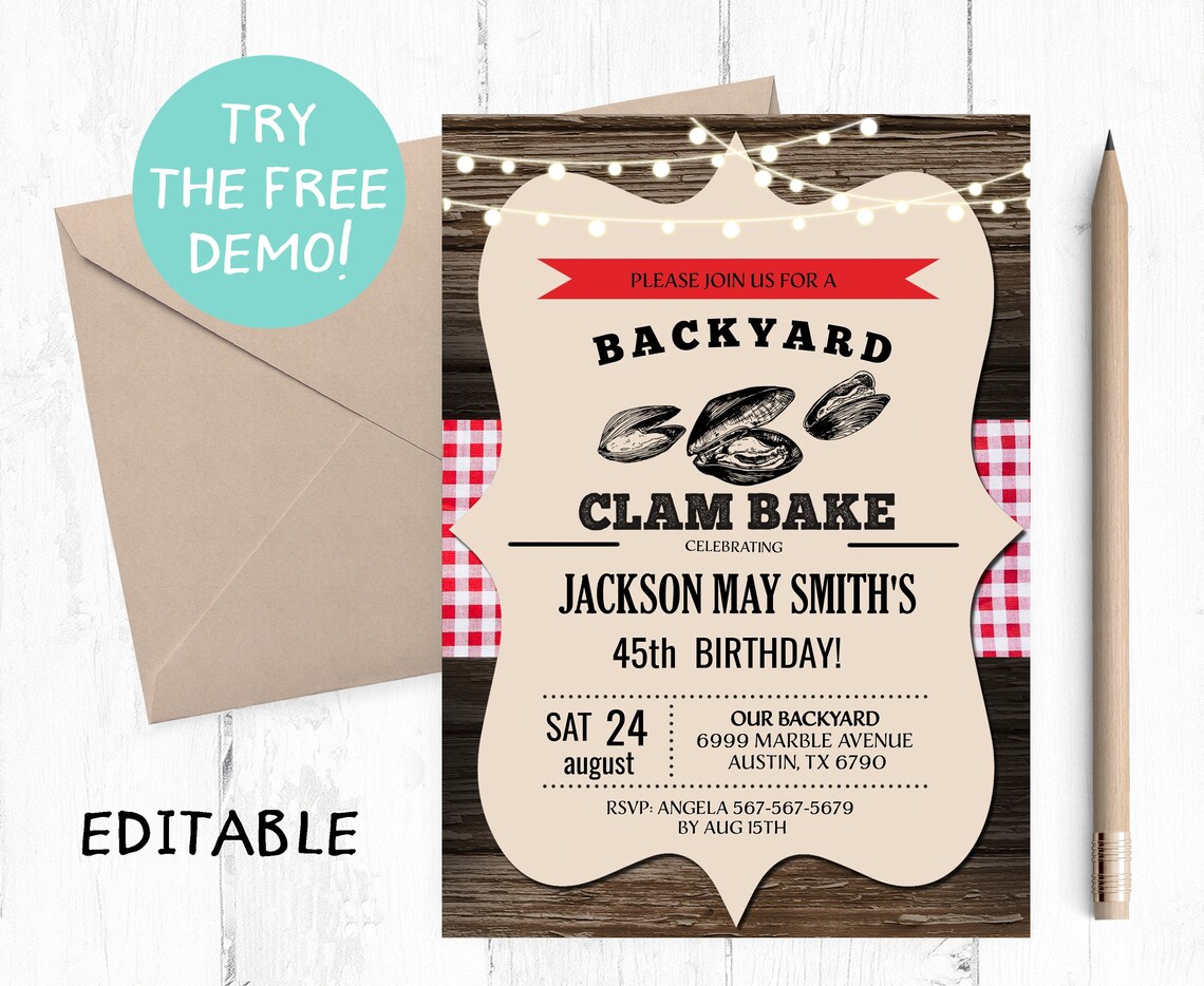 Editable Clam Bake Invitation Clam Bake Birthday Party Clam | Etsy