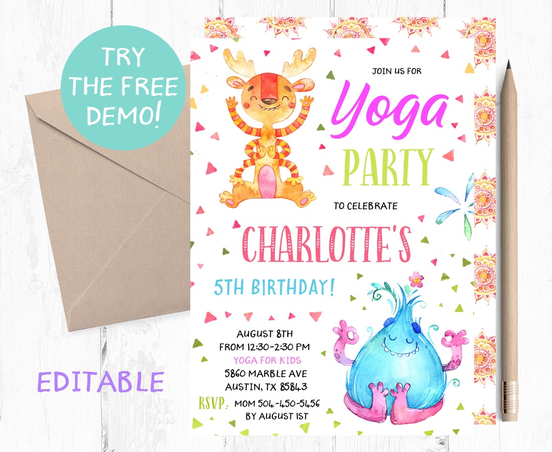 Yoga Birthday Invitation, Yoga Invitations, Yoga Birthday Party, Yoga ...