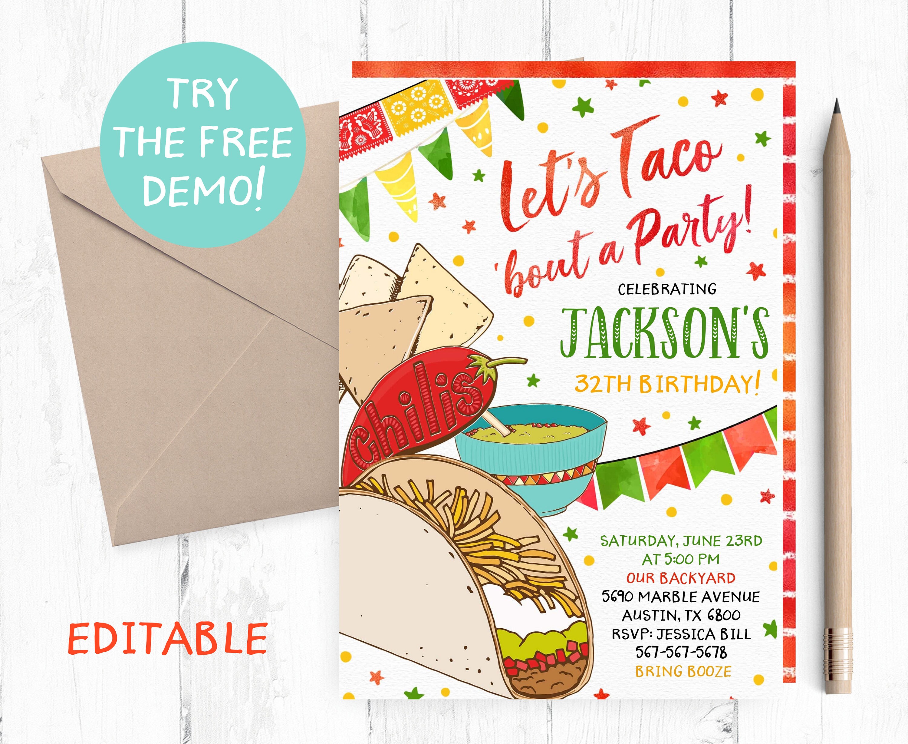 Editable Fiesta Birthday Invitation, Tacos Party (5x7 Inches) (PDF or ...