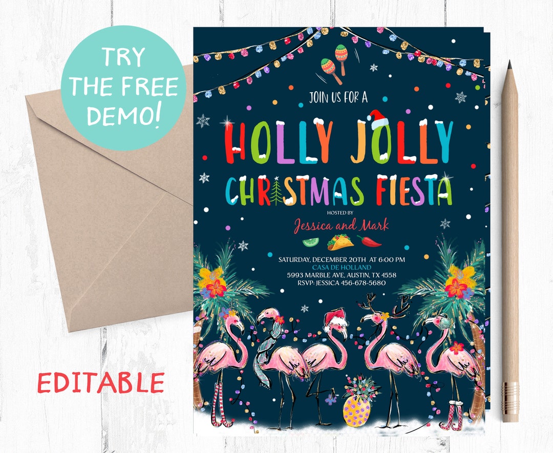 Editable Flamingo Christmas Invitation, Tropical Flamingo Christmas ...