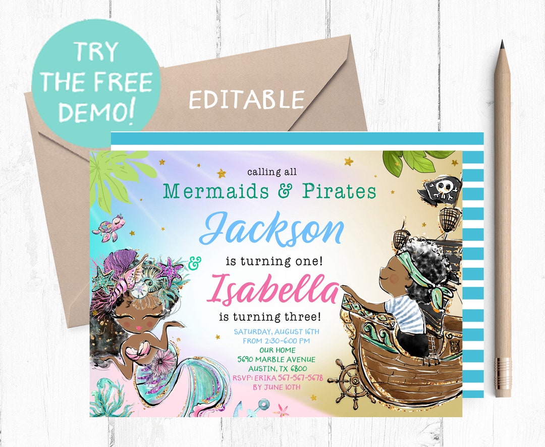 Black Mermaid Pirate Template, Black Mermaids Pirate Invitation ...