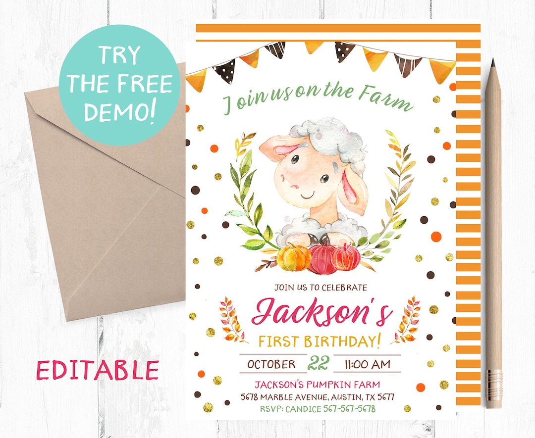 Fall Lamb Birthday Invitation, Fall Animals Invitation, Fall Lamb ...