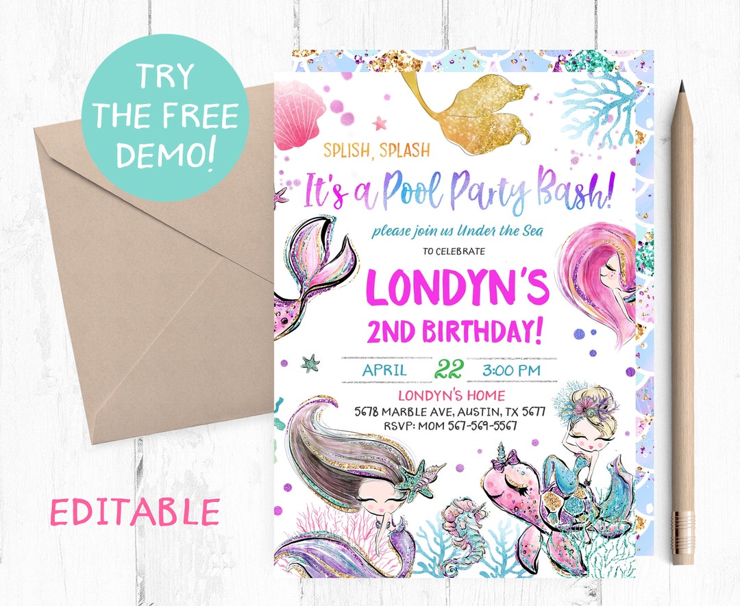 Glitter Mermaids Pool Party Invitation, Mermaids Pool Birthday Party ...
