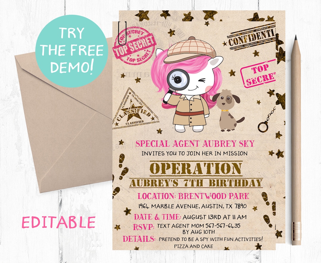 Unicorn Detective Invitation, Unicorn Spy Invitations, Unicorn ...