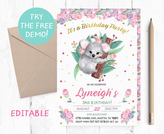 Editable Cute Koala Birthday Party Invitation Koala Editable - Etsy