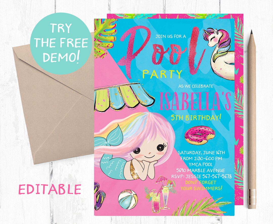 Mermaid Pool Party, Mermaid Pool Invitation, Pool Mermaid Invites ...