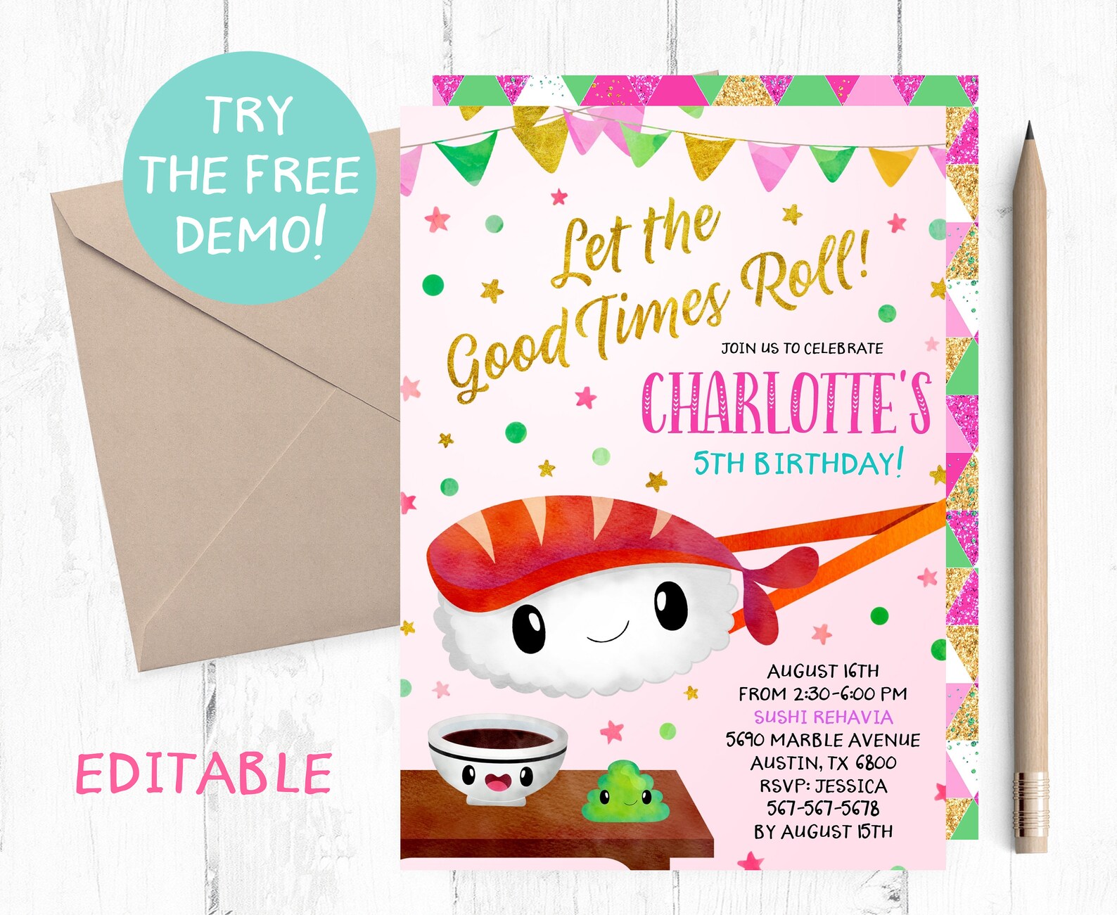Editable Sushi Birthday Party Invitation, Cute Sushi Invite, Sushi ...