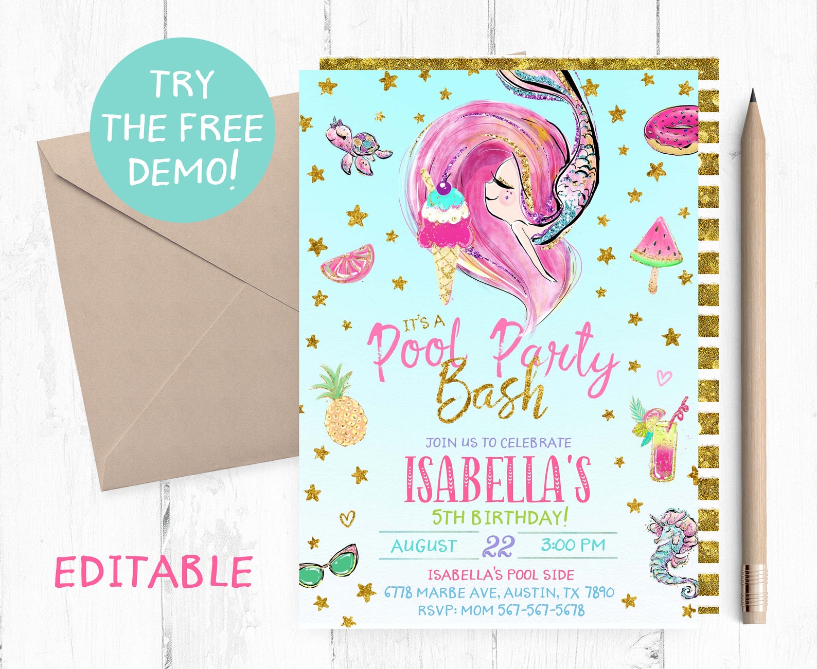 Editable Mermaid Ice Cream Pool Invitation, Mermaid Ice Cream Pool ...