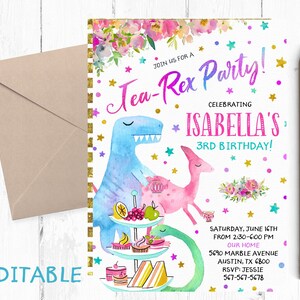 Editable Tea-rex Birthday Party Invitation, Dinosaur Theme (PDF) - Etsy