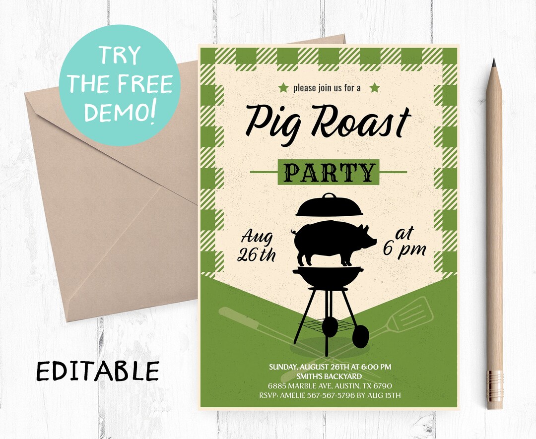 Editable Pig Roast Party Invitation, Hog Roast Family Reunion, Pig ...