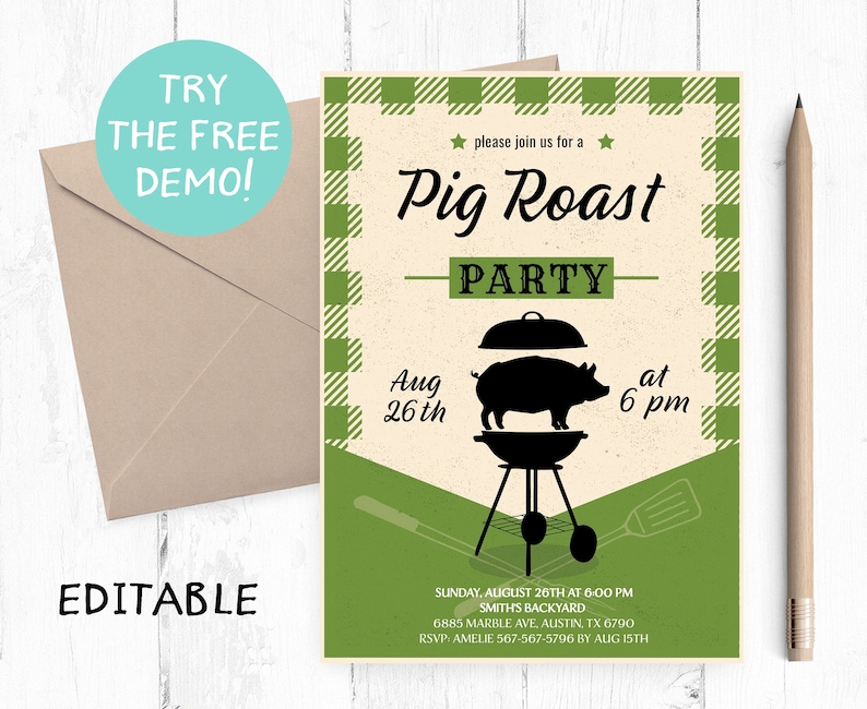Editable Pig Roast Party Invitation Hog Roast Family Reunion - Etsy