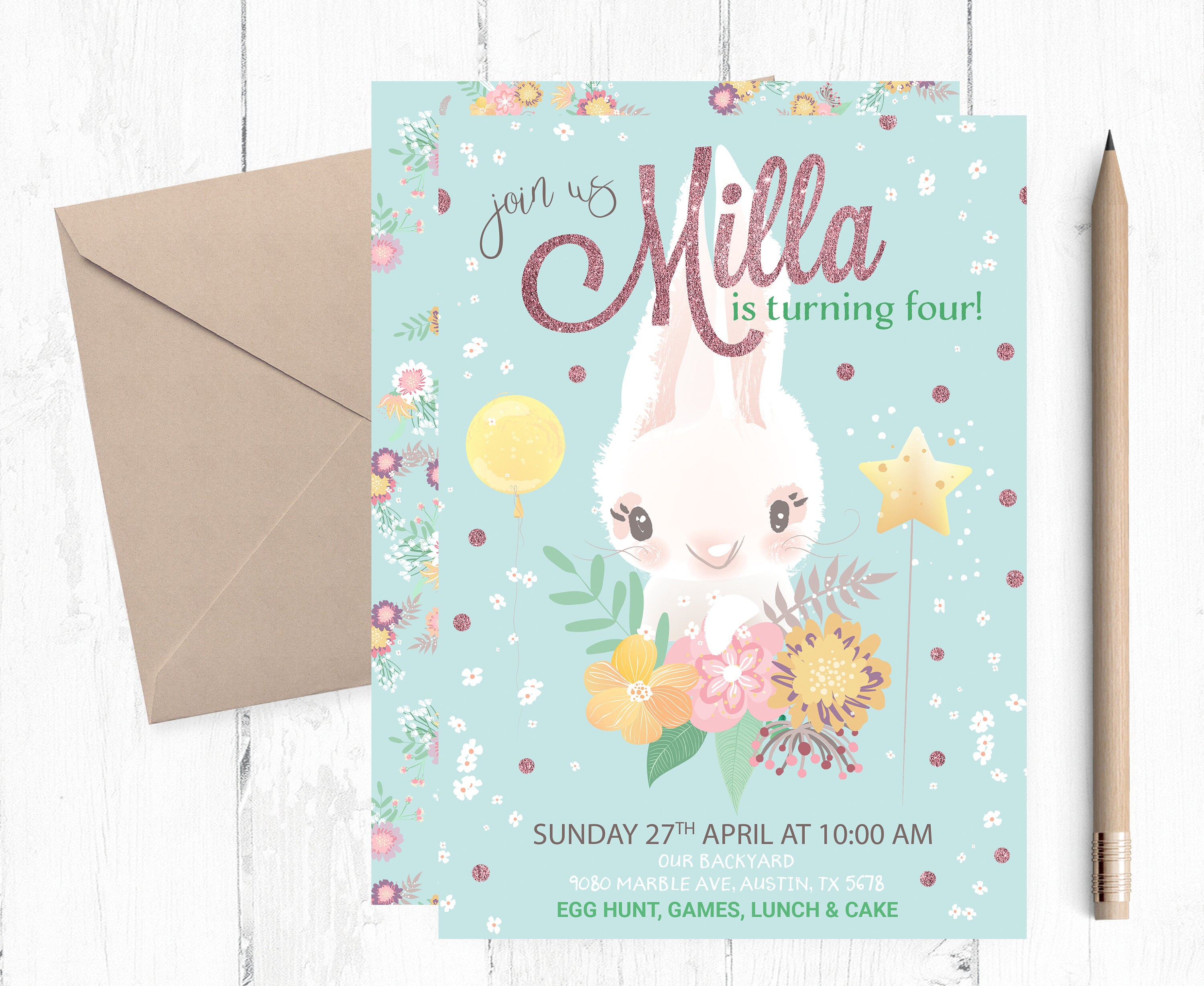 Bunny Birthday Party Invitation Printable Spring Bunny | Etsy