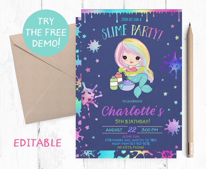 Mermaid Slime Birthday Party Invitation, Printable Download - Etsy