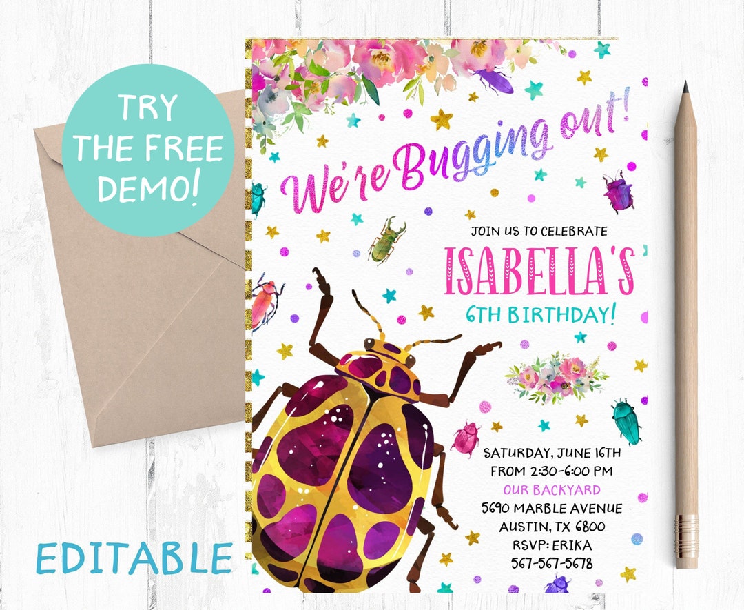 Editable Bug Invitation Girl, Bugging Out Birthday Party Girl, Purple ...