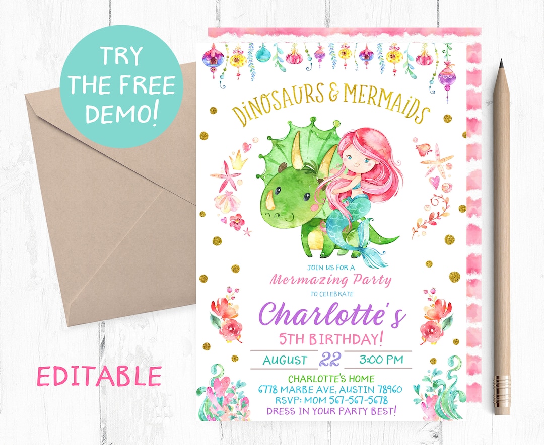 Dinosaurs and Mermaids Invitations, Dinosaurs Mermaids Invitation ...