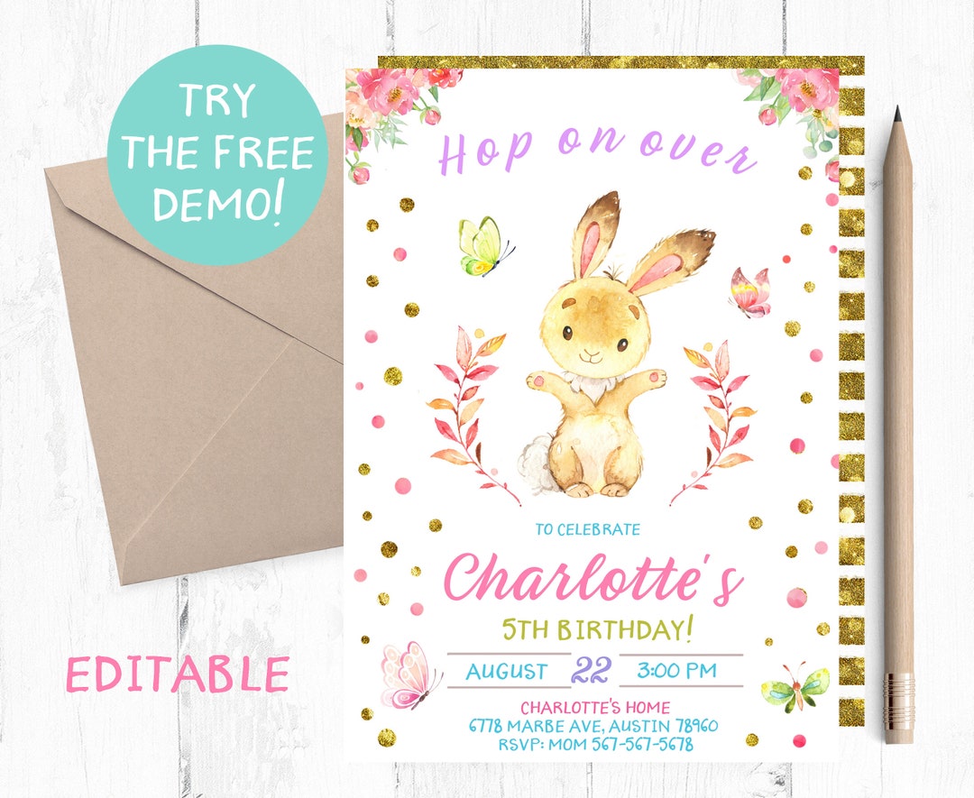 Bunny Invitation, Bunny Invitation Birthday, Bunny Birthday Invitation ...
