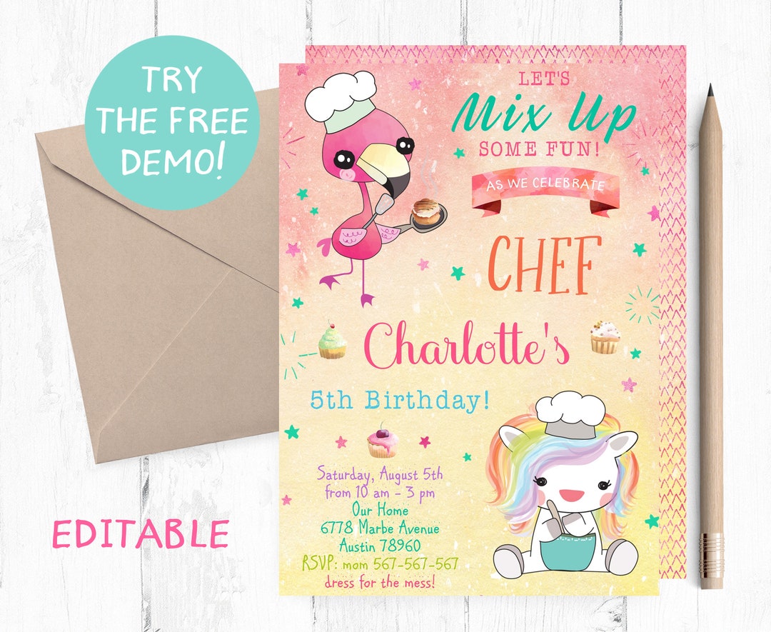 Chef Invitation, Flamingo Cooking Invitation, Unicorn Cooking Birthday ...