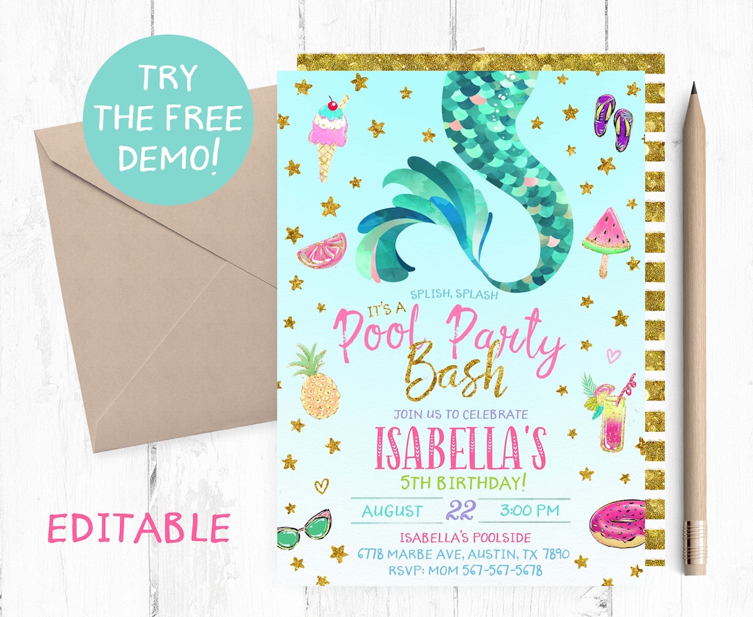 Editable Mermaid Pool Invitation, Mermaid Pool Party Bash, Mermaid Tail ...