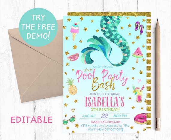 Editable Mermaid Pool Invitation Mermaid Pool Party Bash - Etsy