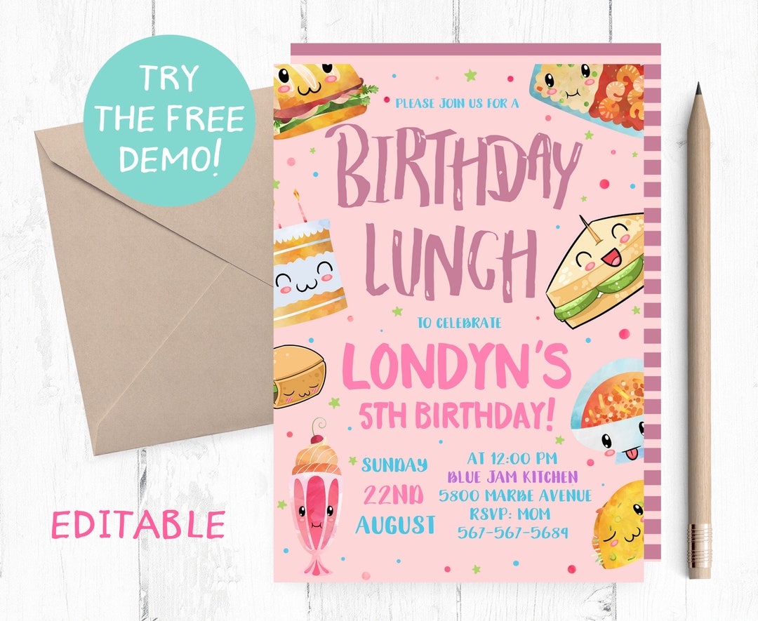 Editable Lunch Invitation, Kids Lunch Birthday Party Invite, Lunch ...