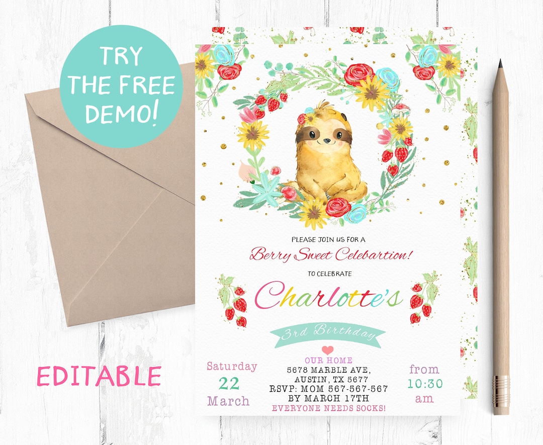 Editable Berry Sweet Sloth Invitation, Sloth Editable Template, Cute ...