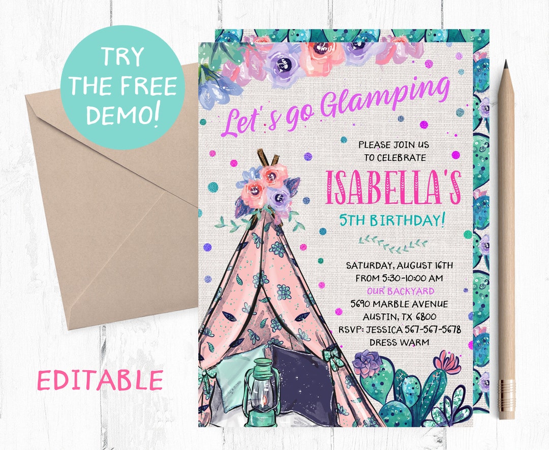 Girl Glamping Party Invitation, Glamping Birthday Party Invitations ...