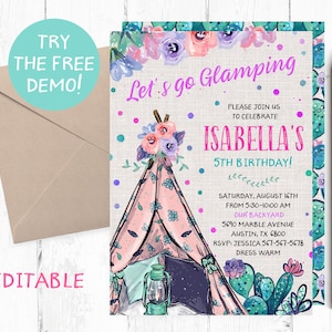 Girl Glamping Party Invitation, Glamping Birthday Party Invitations ...