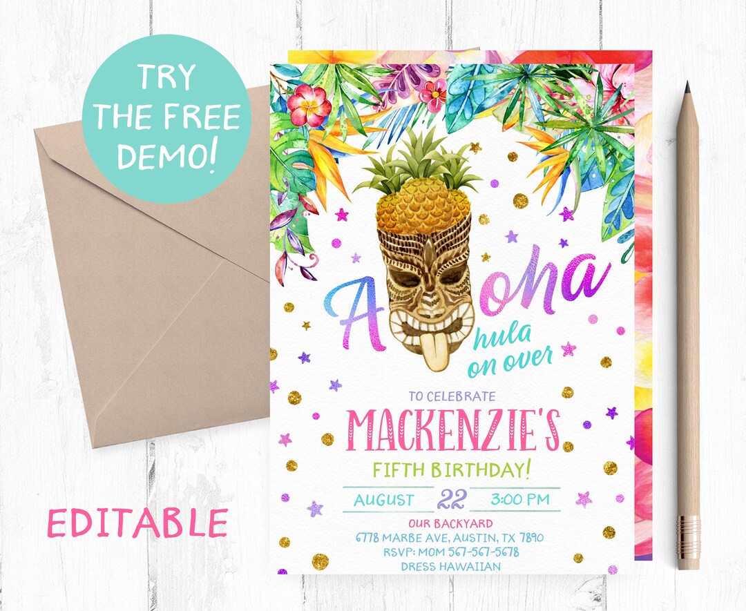 Editable Tikki Pineapple Invitation, Luau Tiki Pineapple Birthday Party ...