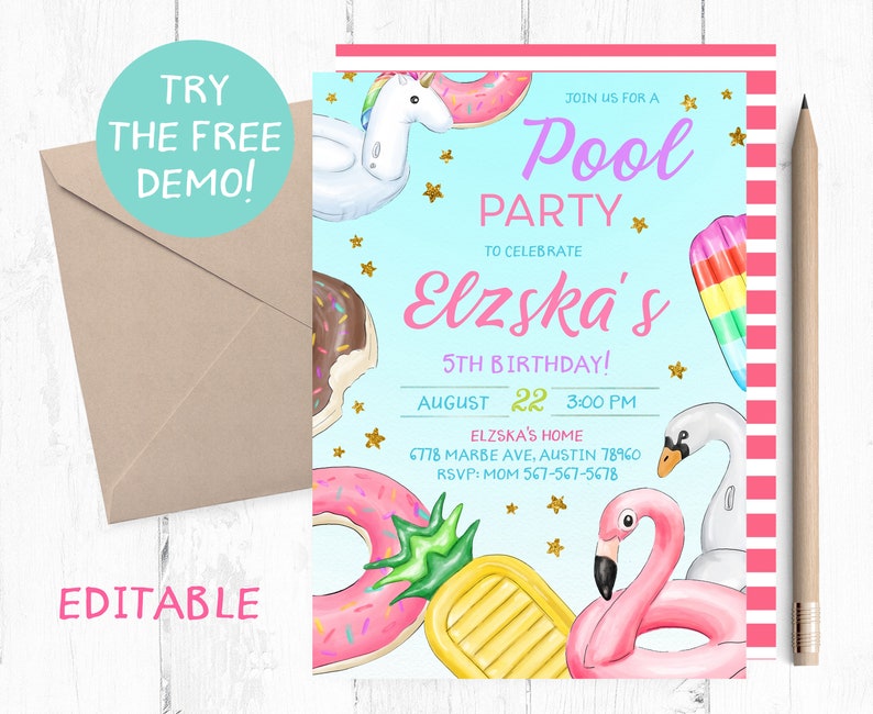 Inflatables Pool Birthday Party Invitation Flamingo - Etsy