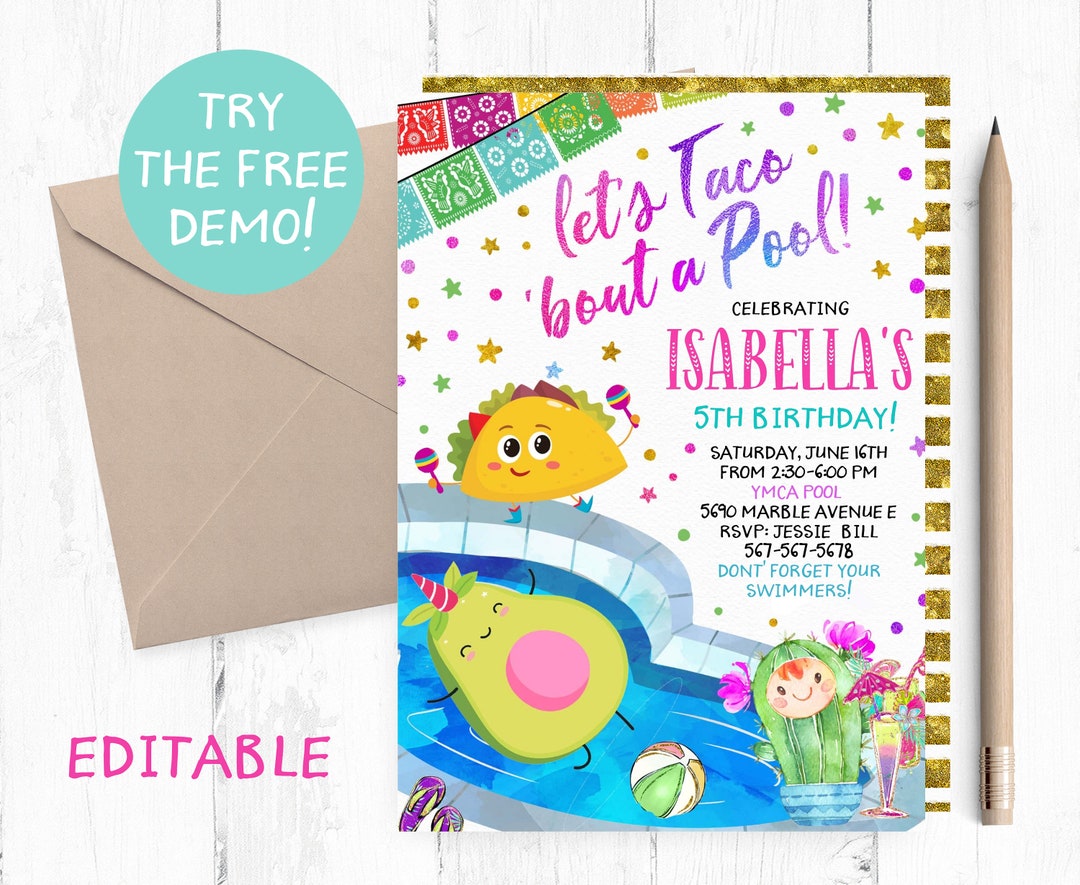 Editable Fiesta Pool Party Invitation, Taco 'bout a Pool Invitation ...