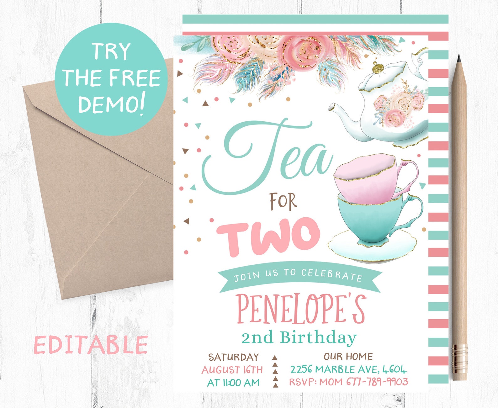 Tea for TWO Invitation, Tea Second Birthday Party Invitation, Tea ...