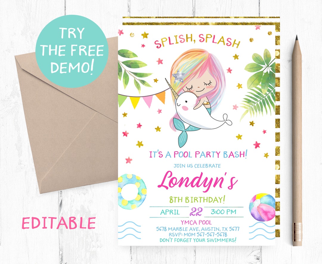 Mermaid Pool Party Birthday Invitations, Editable 5x7 (PDF) - Etsy