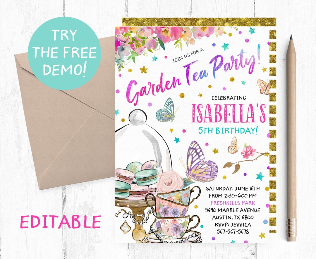 Editable Garden Tea Party Invitation, Butterfly Tea Invitation Template ...