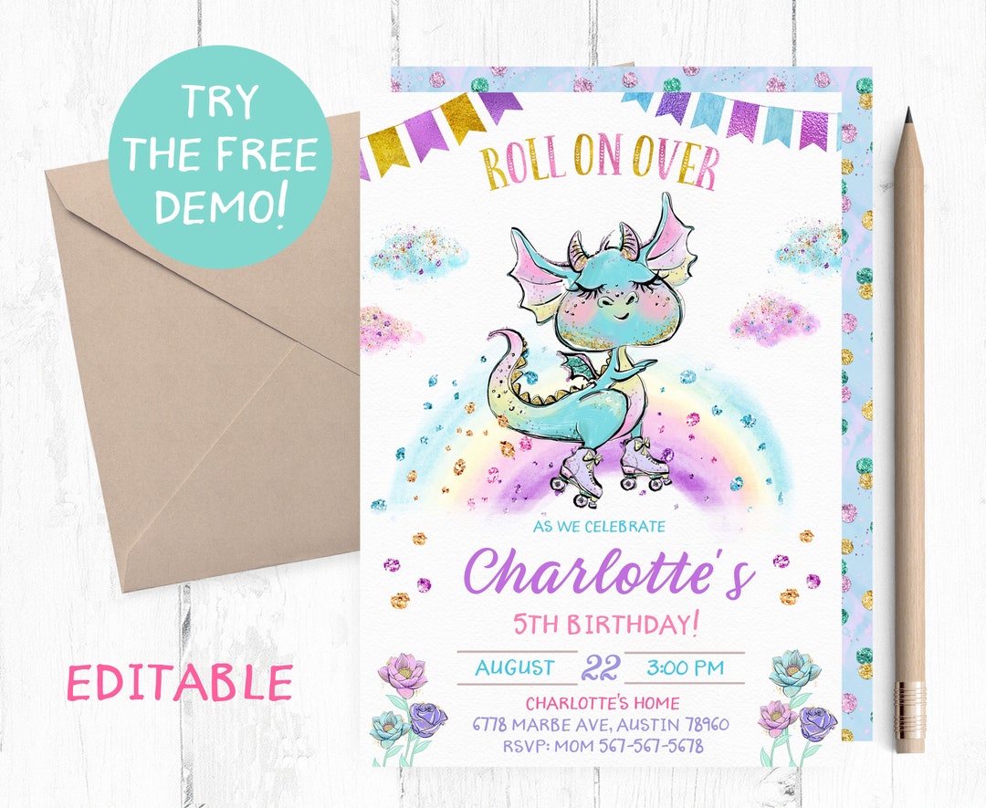 Dragon Roller Skating Invitation, Dragon Roller Skates Invitations ...