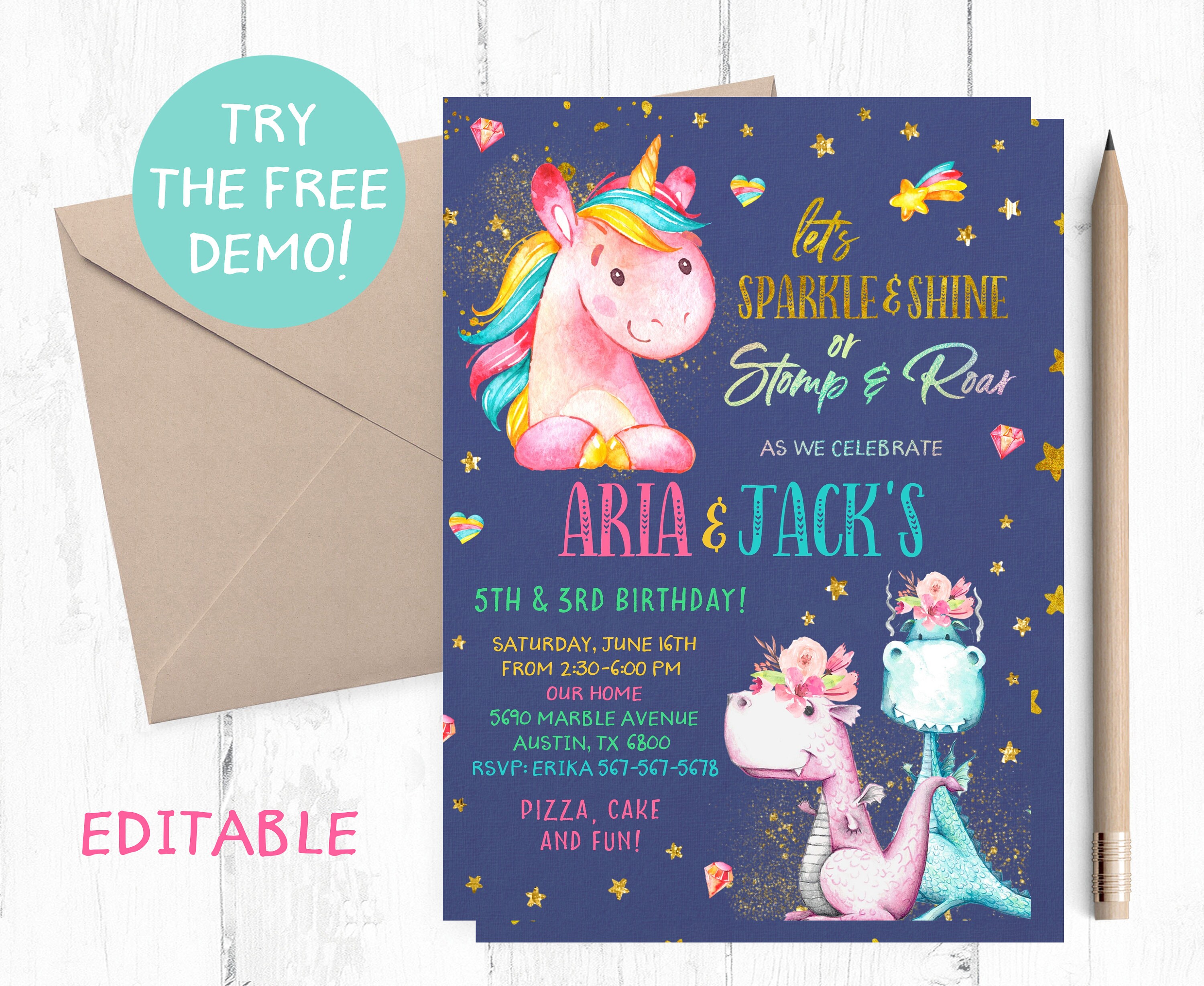 Unicorns and Dinosaurs Birthday Invitation Unicorn and - Etsy