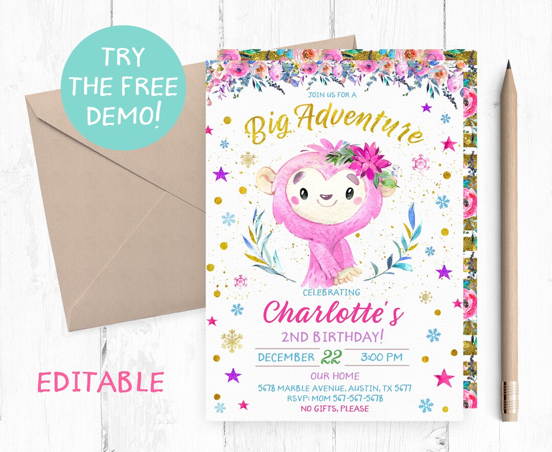 Editable Yeti Invitation, Girl Yeti Birthday Party Invitation, Winter ...