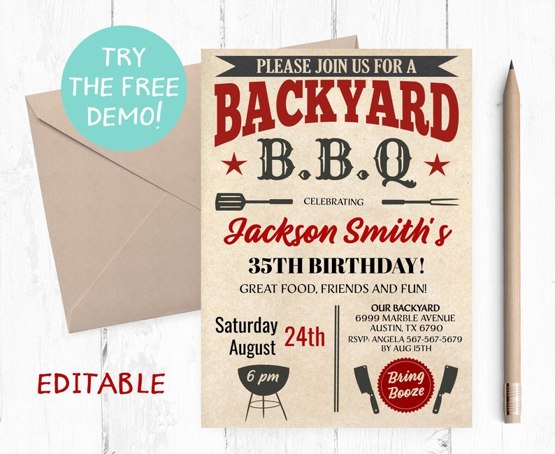 Editable Backyard BBQ Invitation Backyard BBQ Party Invite | Etsy