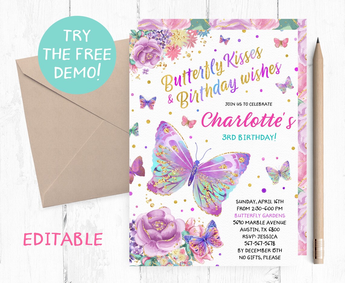 Editable Butterfly Template, Butterfly Kisses and Birthday Wishes ...