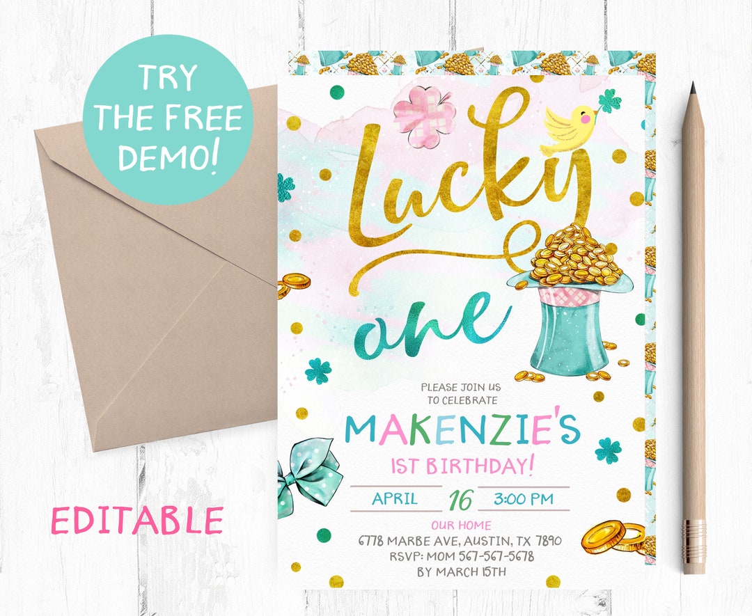 Lucky One Party Invitation, Lucky One Invitations Girl, Lucky One First ...