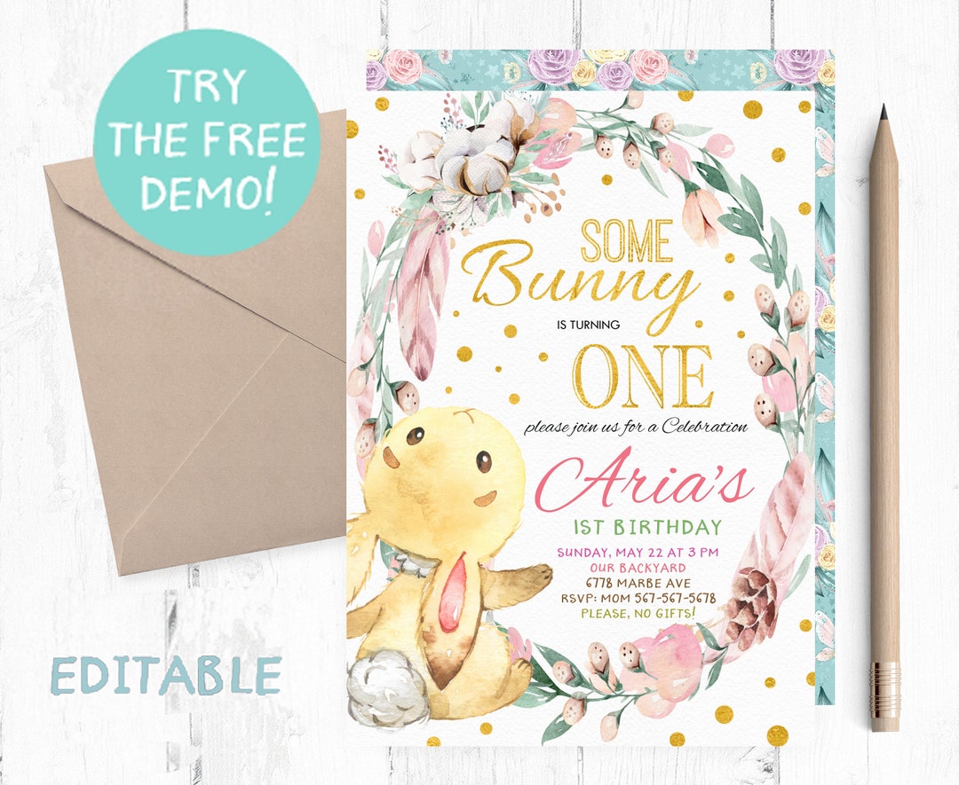 Editable Bunny First Birthday Template, Bunny One Invitation, Some ...