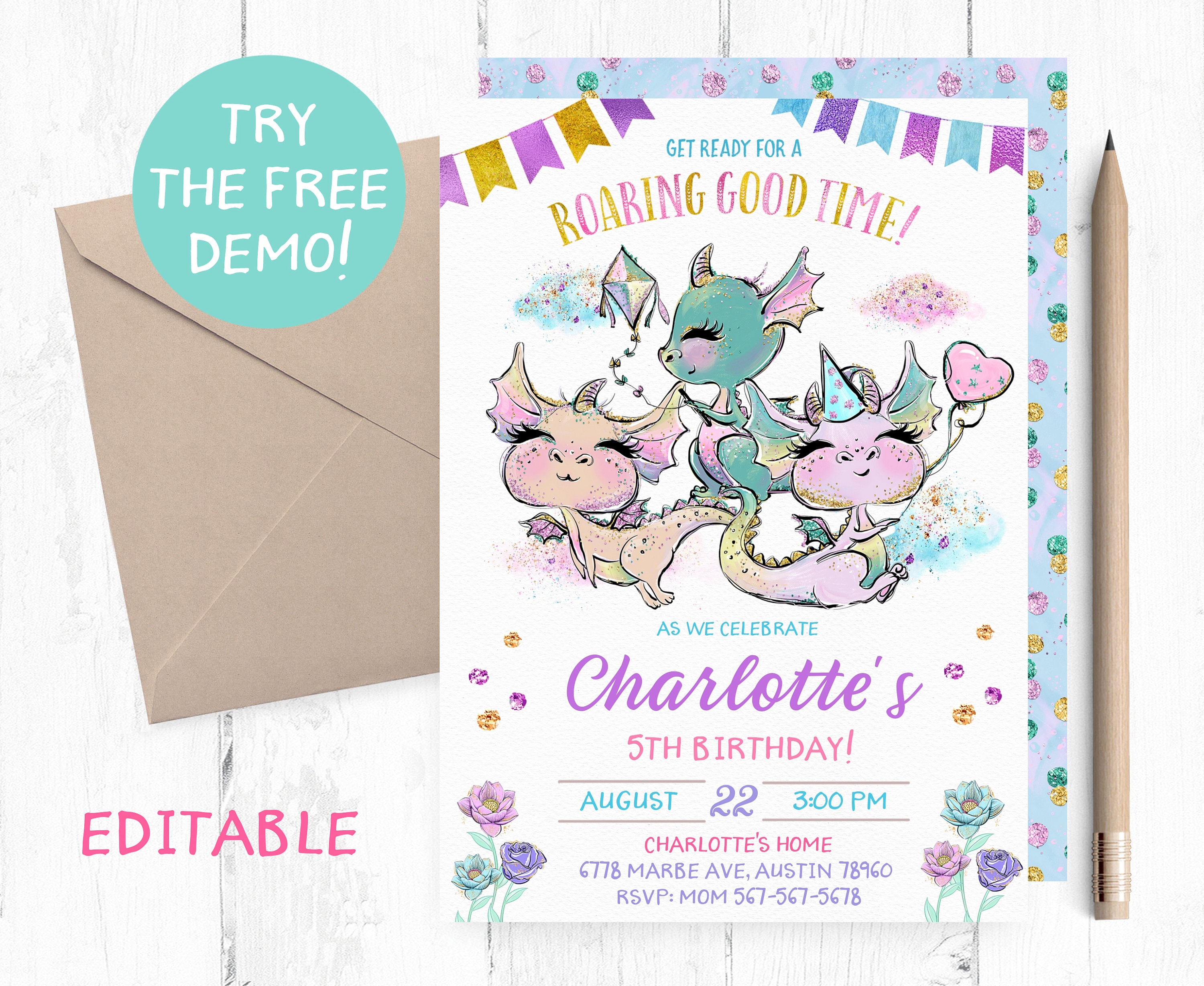 Cute Dragons Invitation Roaring Good Time Invitation Pink - Etsy