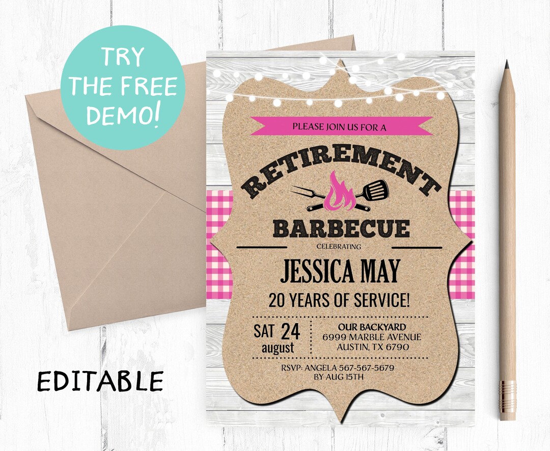 Editable Retirement BBQ Invitation, Retirement BBQ Party Invite ...