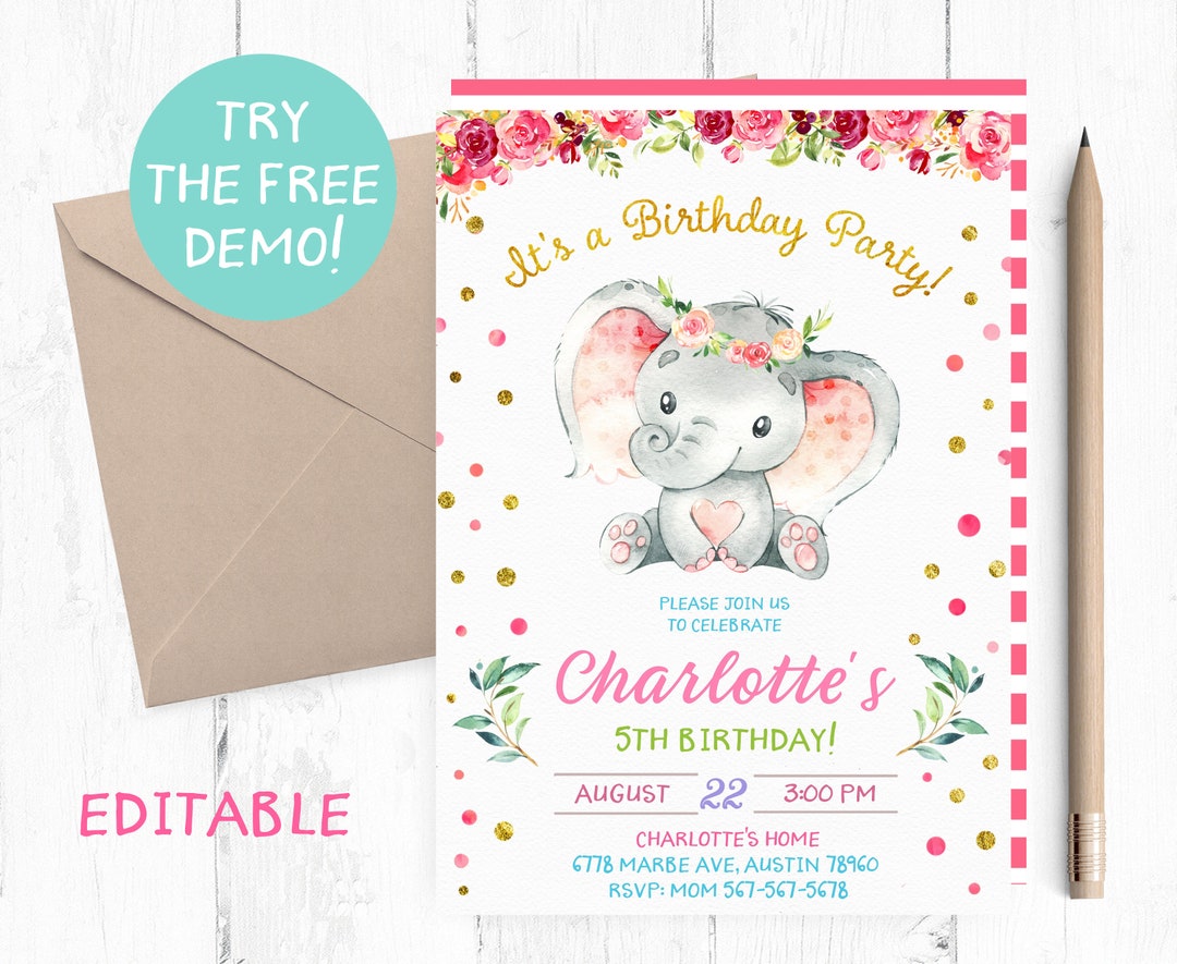 Elephant Birthday Invitation, Elephant Birthday Party Invitations ...